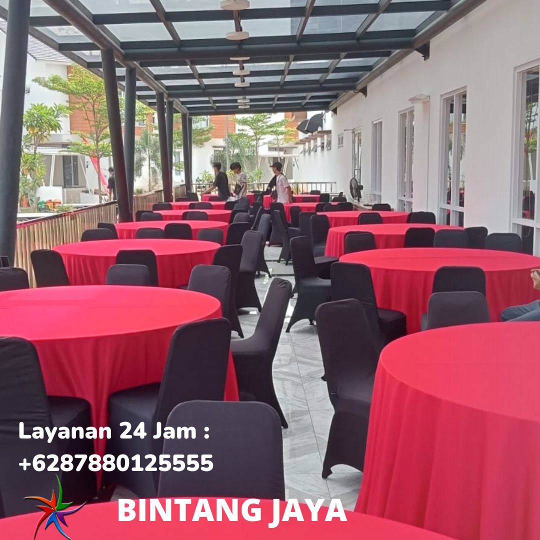 Sewa Round Table Cover Tebar Merah Kursi Hitam Ketat Jakarta